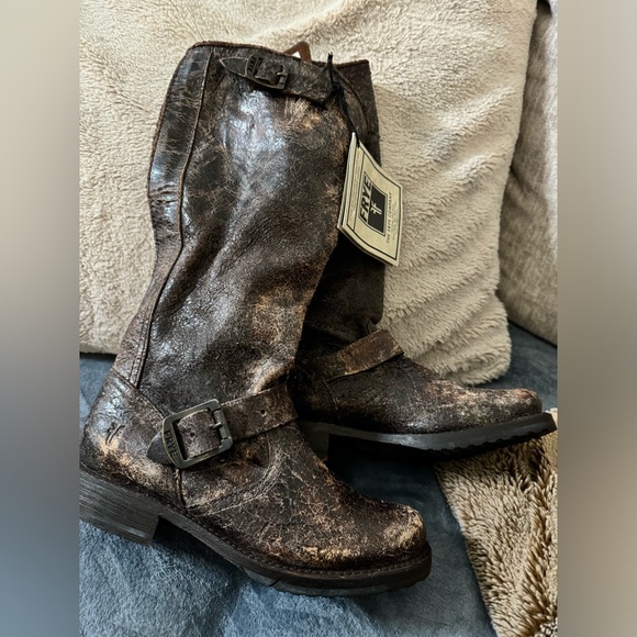 Frye | Shoes | Frye Veronica Slouch Distressed Leather Boots Chocolate ...